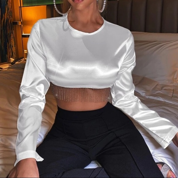 Tops | White Satin Long Sleeve Diamond Fringe Top | Poshmark
